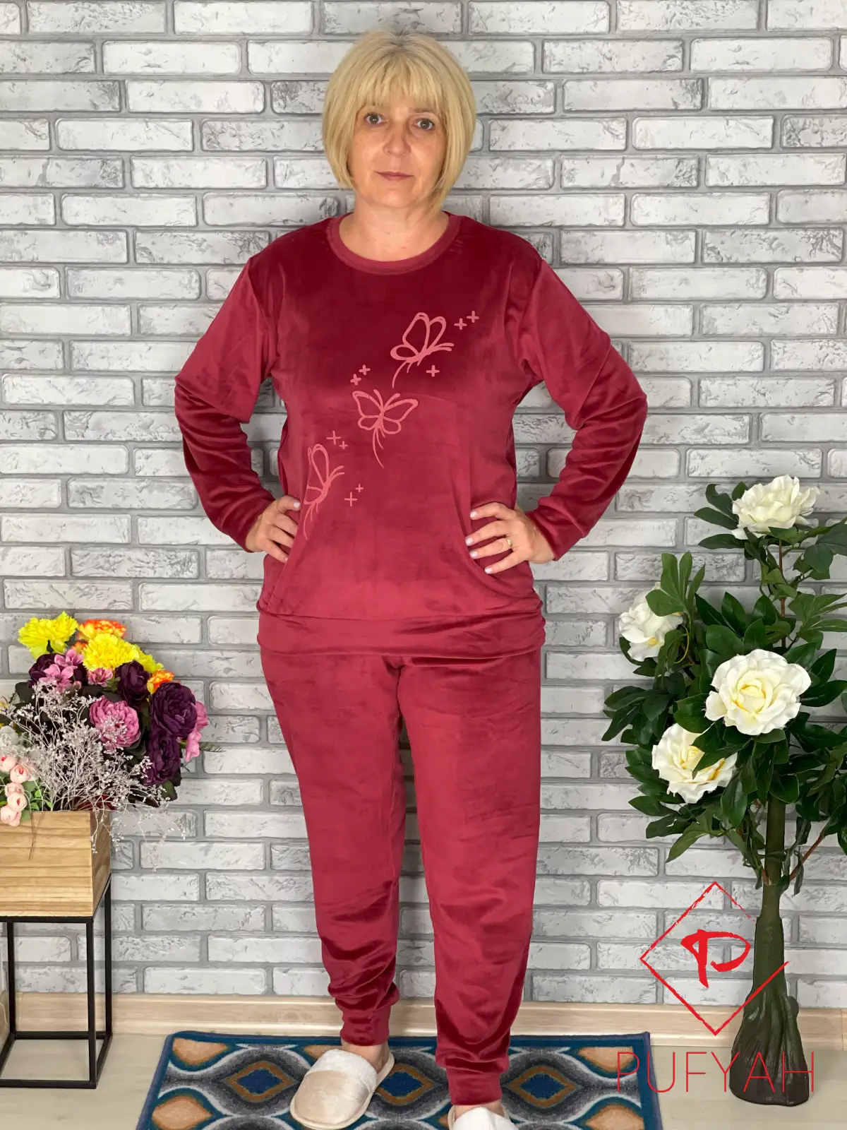 Compleu din catifea, Tip pijama, Bluza si pantalon, Grena - CC004 ...