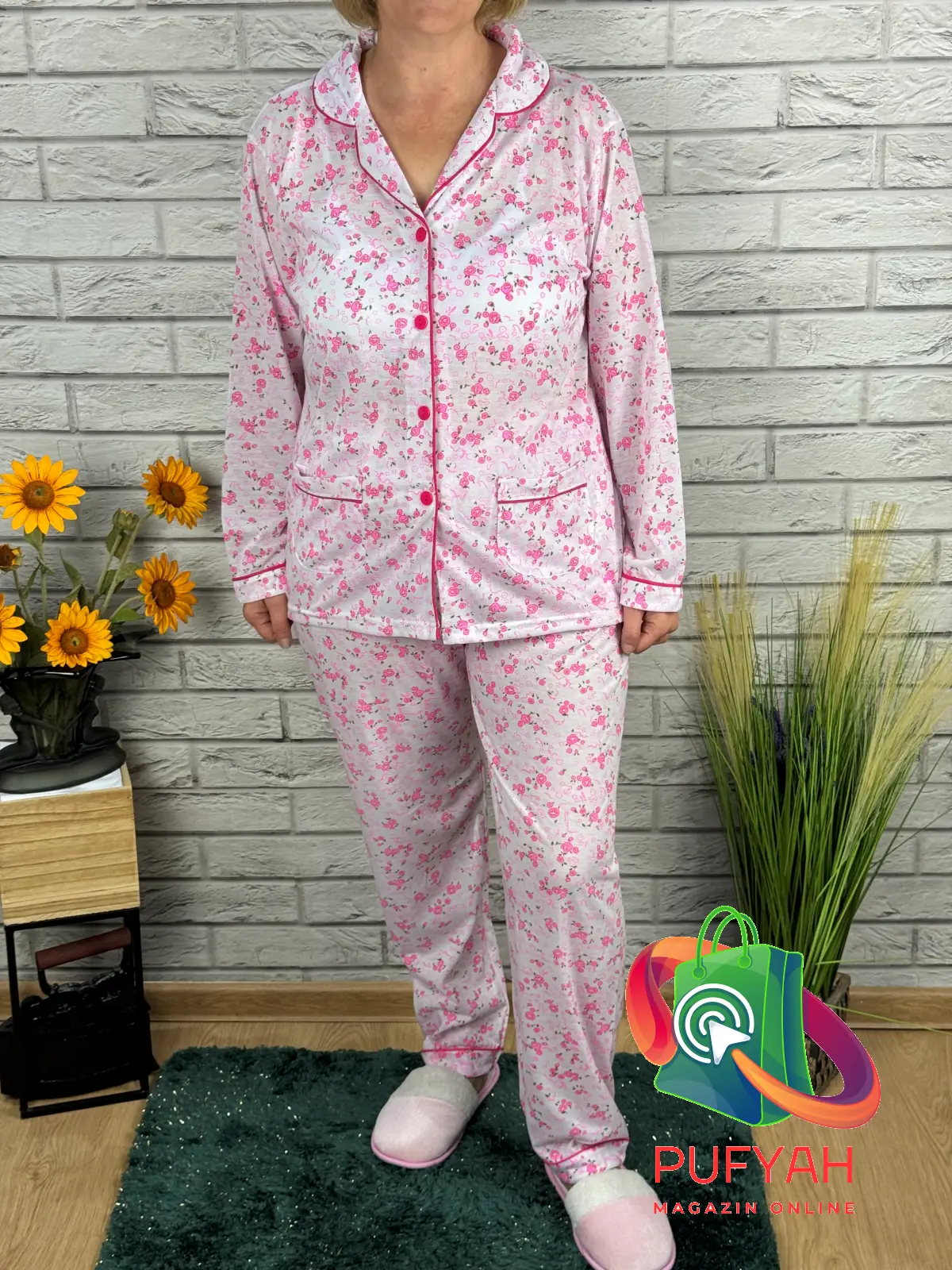 Pijama de dama, Bluza cu nasturi si pantalon, Imprimeu roz - PJL107 ...