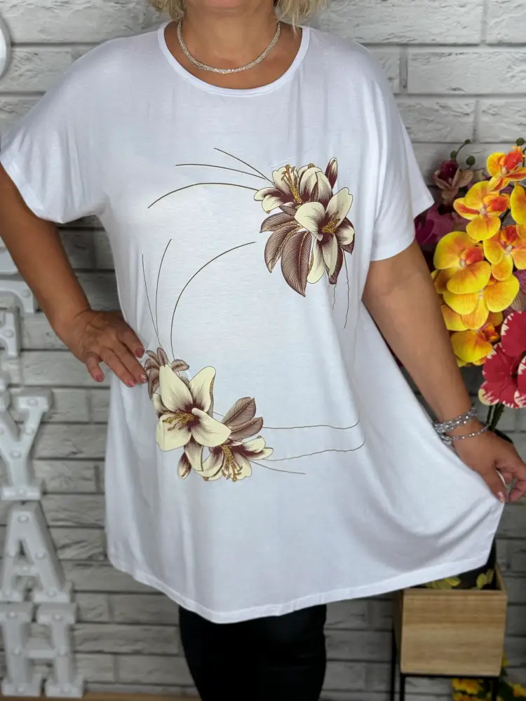 Tricou de dama, Mărime universala, Alb cu flori - TR42